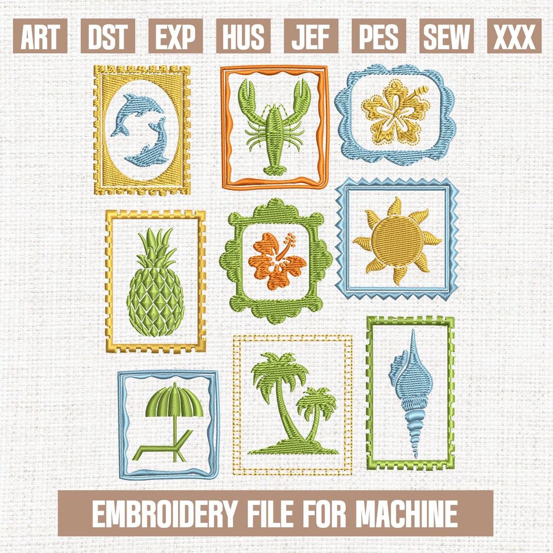 Tropical Summer Postage Stamp Embroidery Designs, Beach Icons ...