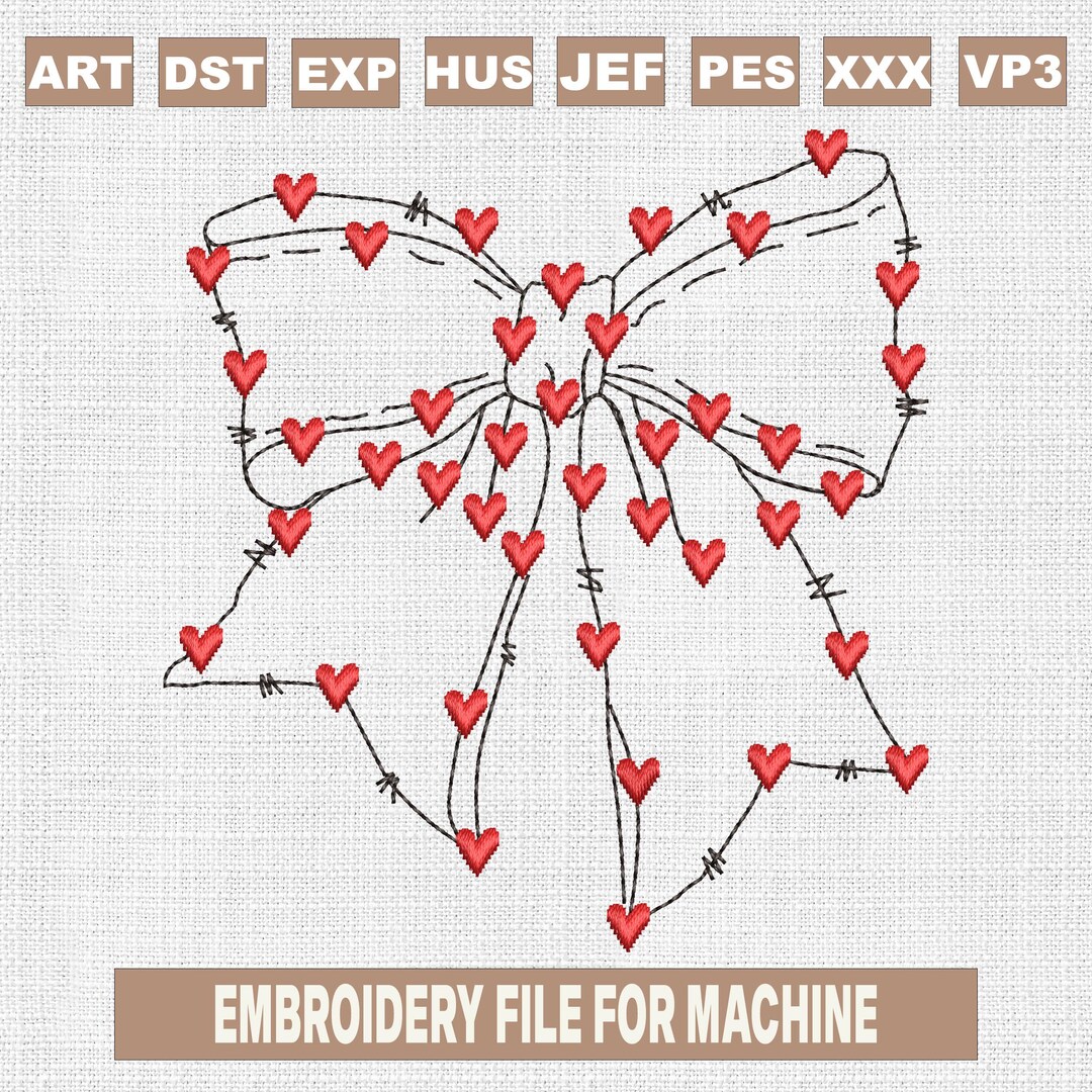 Valentine Day Heart Embroidery Designs, Coquette Bow Embroidery Pattern ...