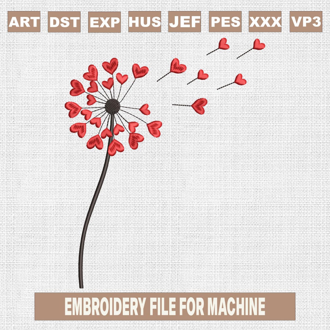 Flower Valentine Embroidery Designs, Heart Dandelion Embroidery Pattern ...