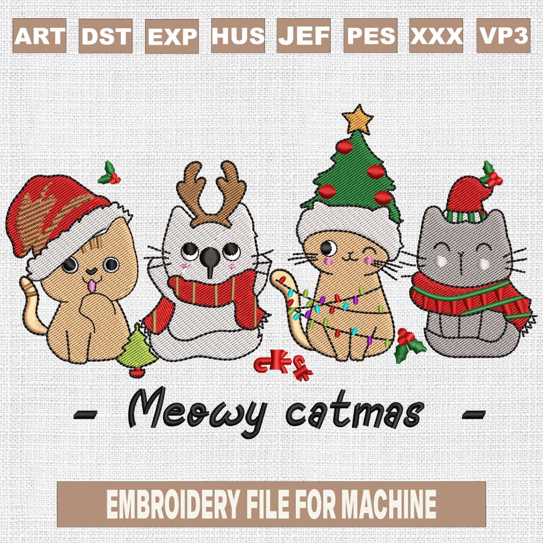 Meowy Catmas Embroidery Designs, Christmas Cat Embroidery Pattern ...