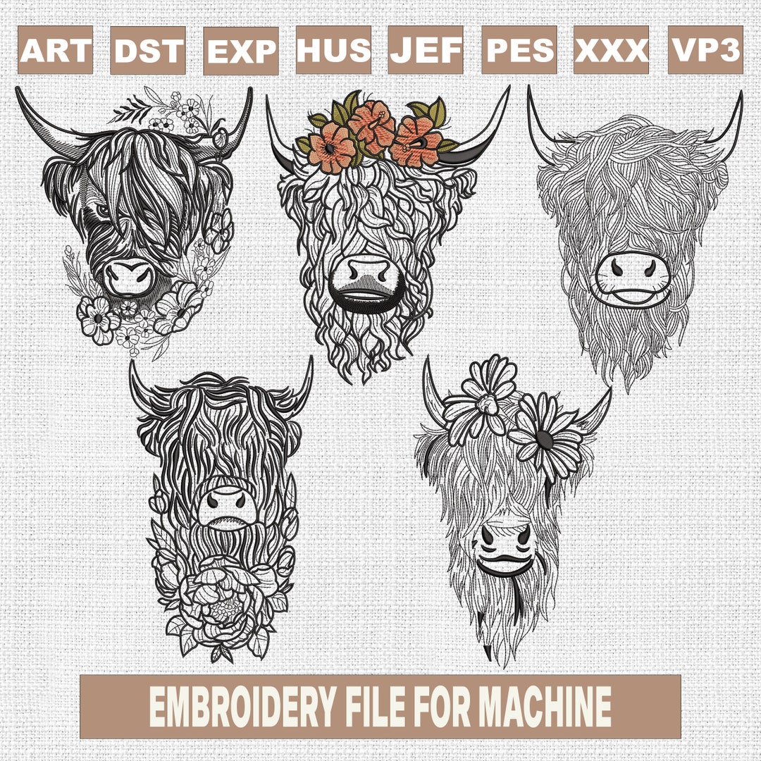 Highland Cow Embroidery Designs, Cow With Flowers Embroidery Pattern ...