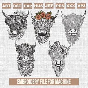 Highland Cow Embroidery Designs, Cow With Flowers Embroidery Pattern ...