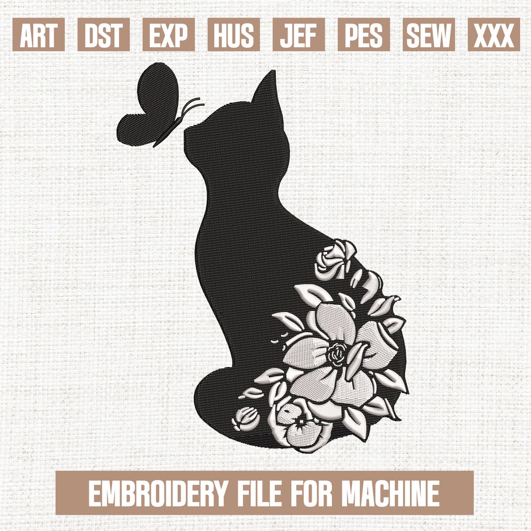 Cat With Flowers Embroidery Designs, Floral Cat Embroidery Pattern ...