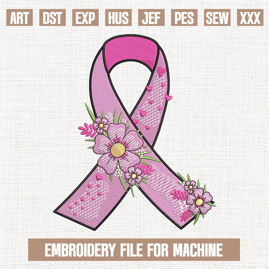 Pink Ribbon Cancer Embroidery Designs, Flower Cancer Ribbon Embroidery ...