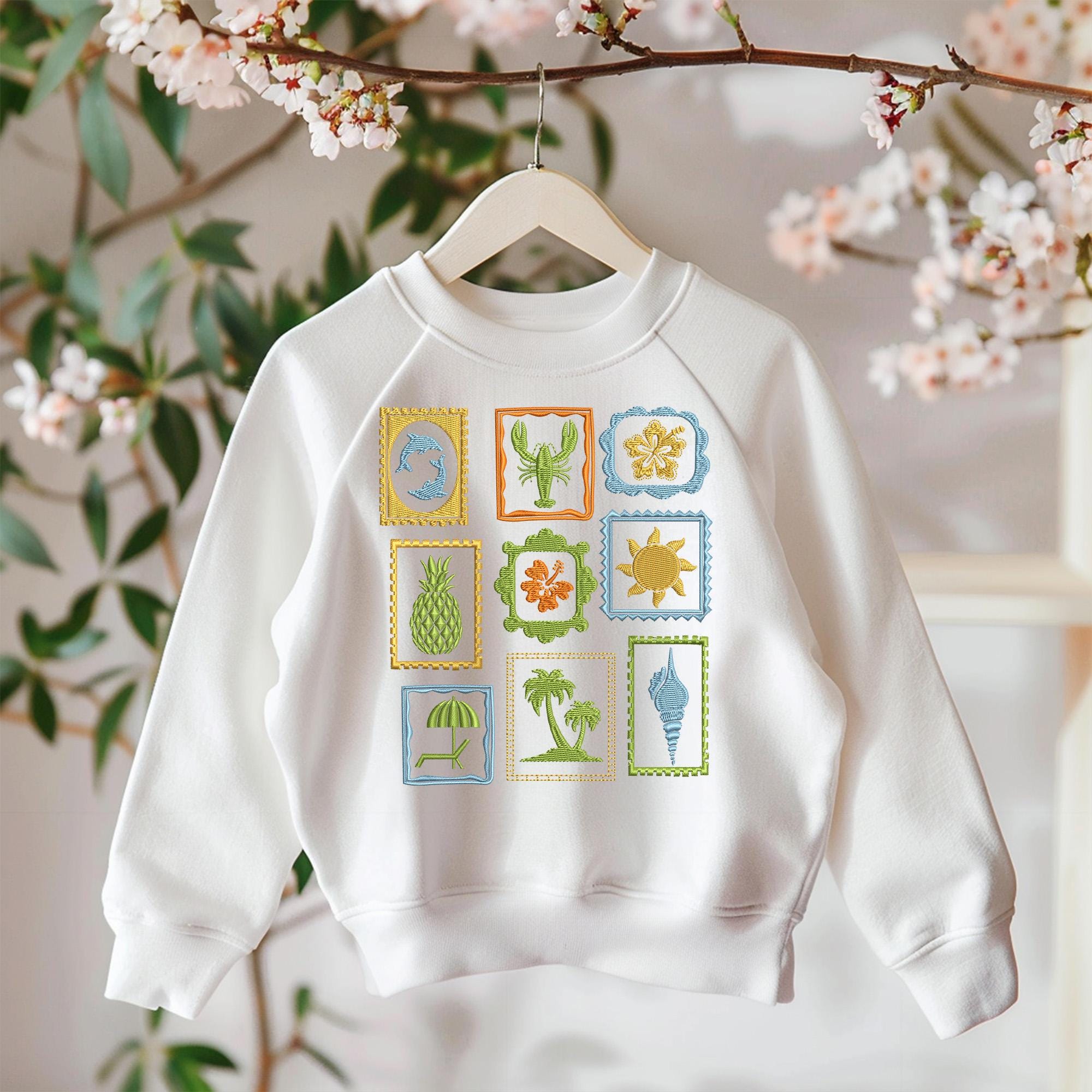 Tropical Summer Postage Stamp Embroidery Designs, Beach Icons ...