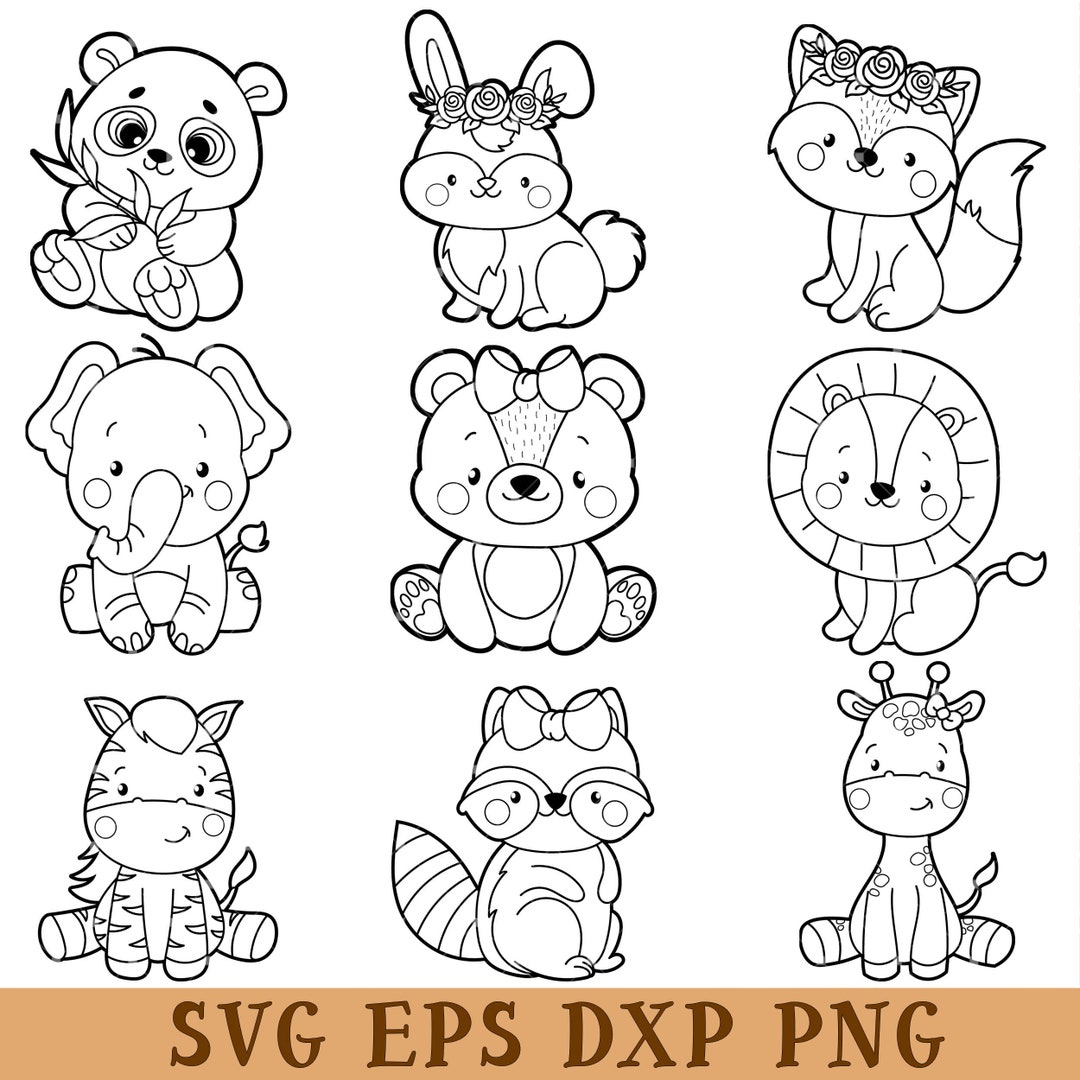 Safari Cute Animal SVG, Animal Outline Svg, Lion Hippo Zebra Monkey ...