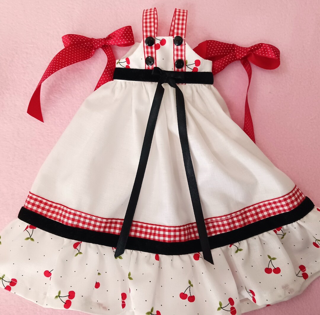 14 " White Gown With Red Cherry Ruffle, Red Gingham Ribbon and Black ...