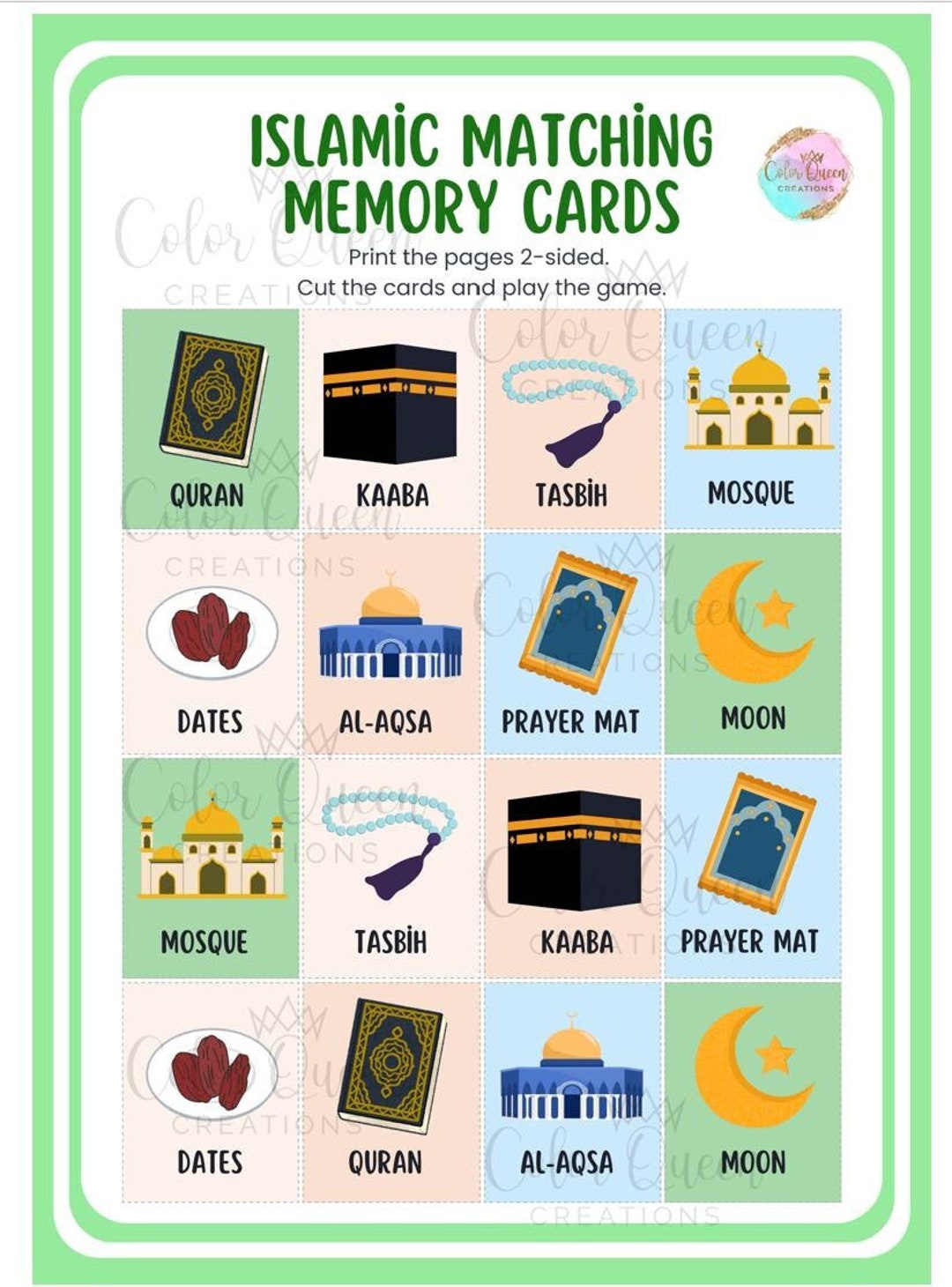 Islamic Memory Matching Card Game Printable Ramadan Eid Muslim Kids Fun ...