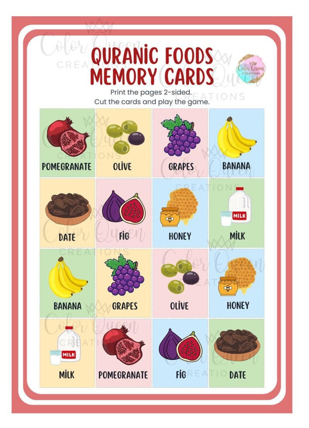 Quranic Foods Memory Matching Card Game Printable Ramadan Eid Islamic ...