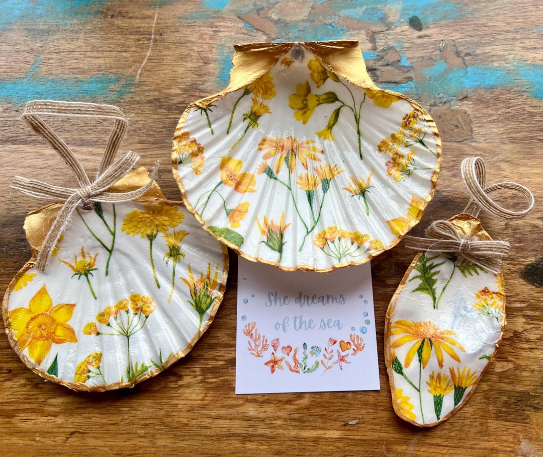 Shell Trinket Dish & Hanging Shells Yellow/gold Floral Design - Etsy