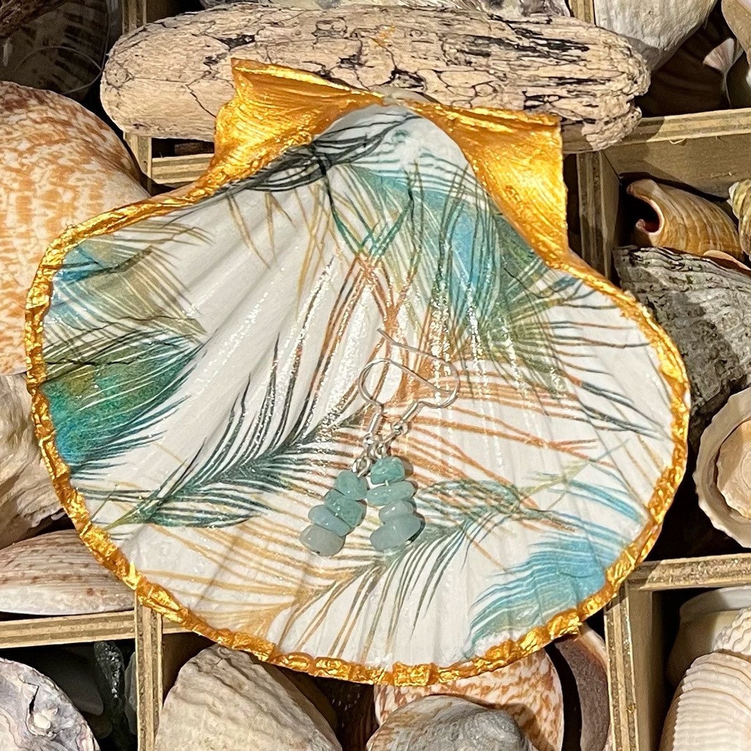 Freepost to UK Hand Decorated Painted Scallop Shell Trinket Dish Green ...