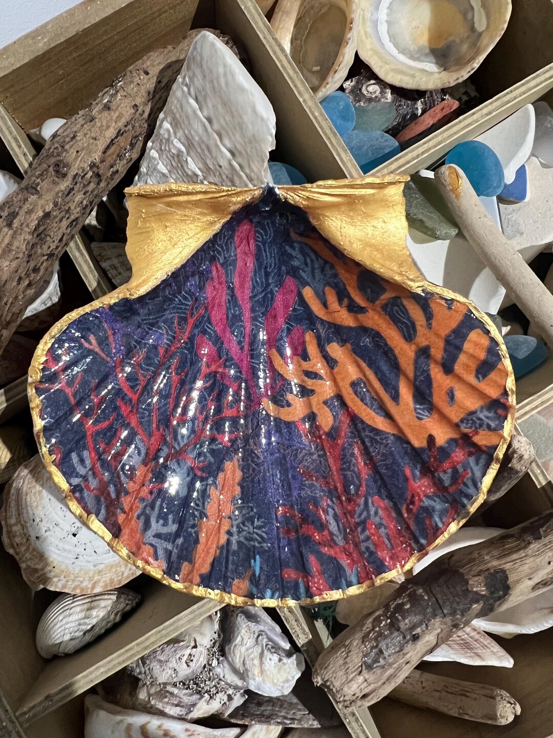 Shell Trinket Dish Sealife Corals Design Gold Edging Decoupaged - Etsy