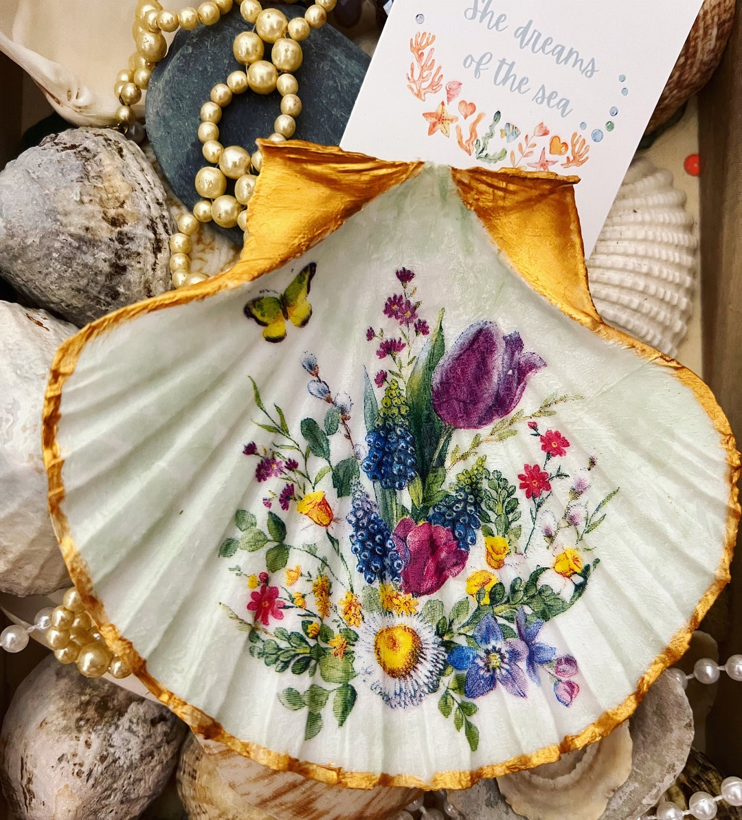 Hand Decorated Shell Trinket Dish Spring Flowers & Butterfly Decoupage ...