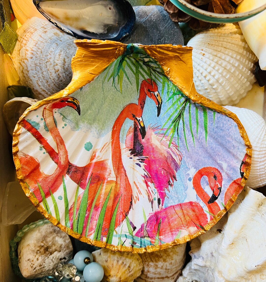Hand Decorated Painted Shell Trinket Dish Flamingo Decoupage With Gold ...