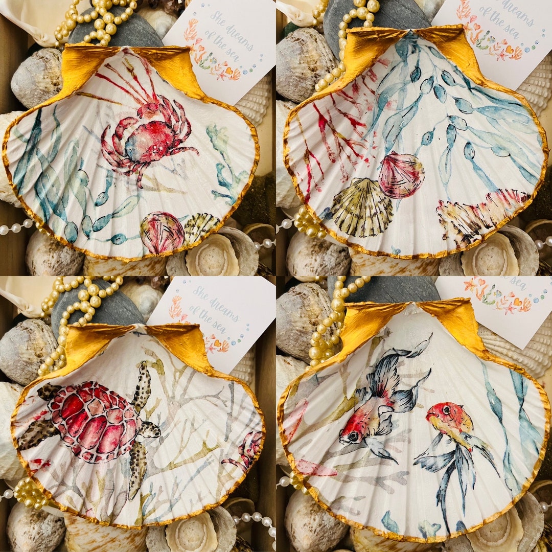 Freepost to UK Hand Decorated Decoupaged Scallop Shell Trinket Dish Sea ...