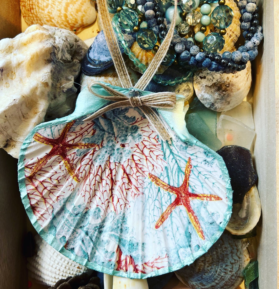 Handmade Hanging Scallop Shell Decoration Starfish & Coral With Pearl ...