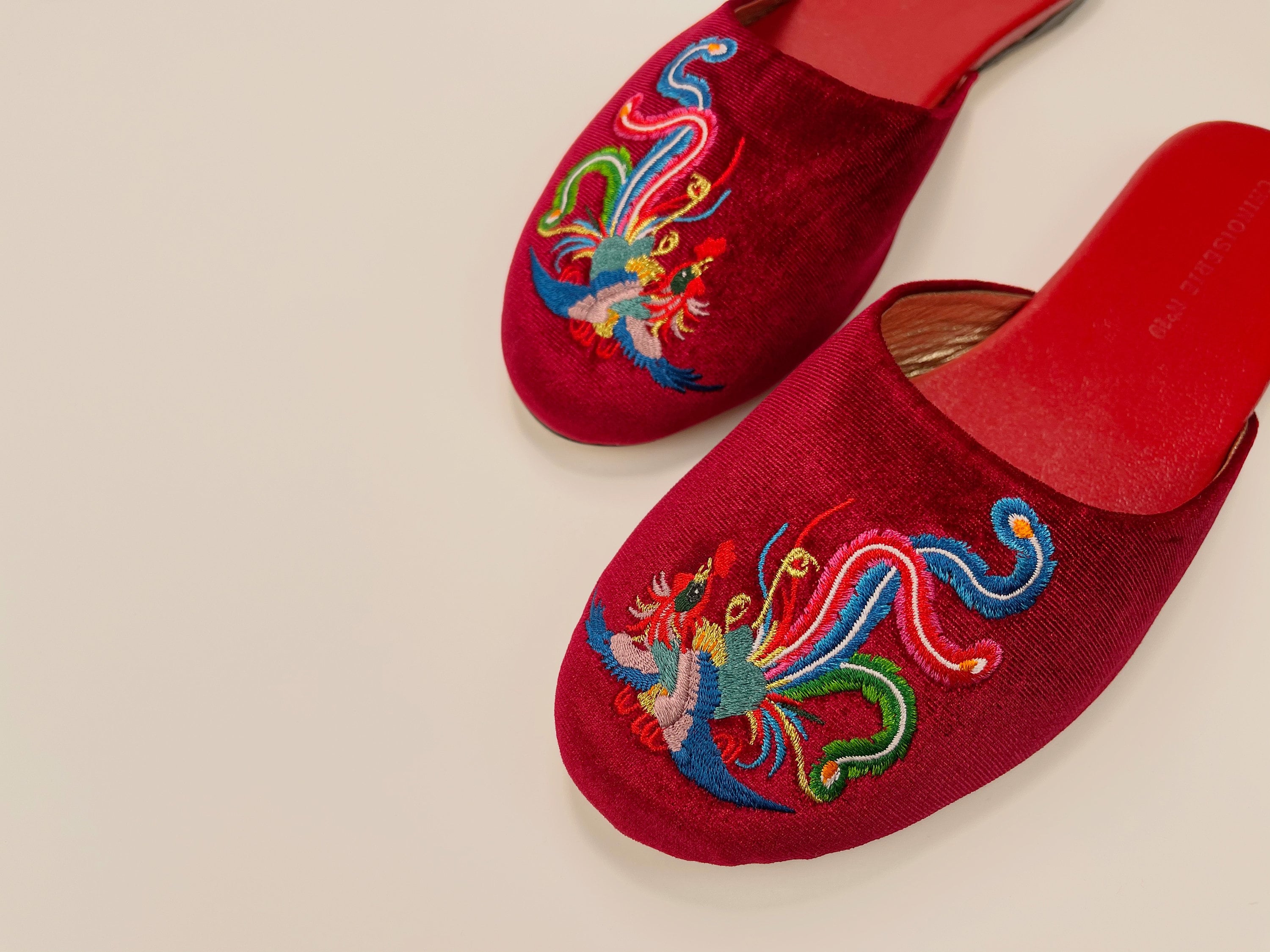 Embroidered Phoenix Velvet Mules in Red Wine - Women's Luxury Slippers ...