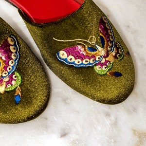 Embroidered Butterfly Velvet Mules in Olive – Women's Luxury Slippers ...