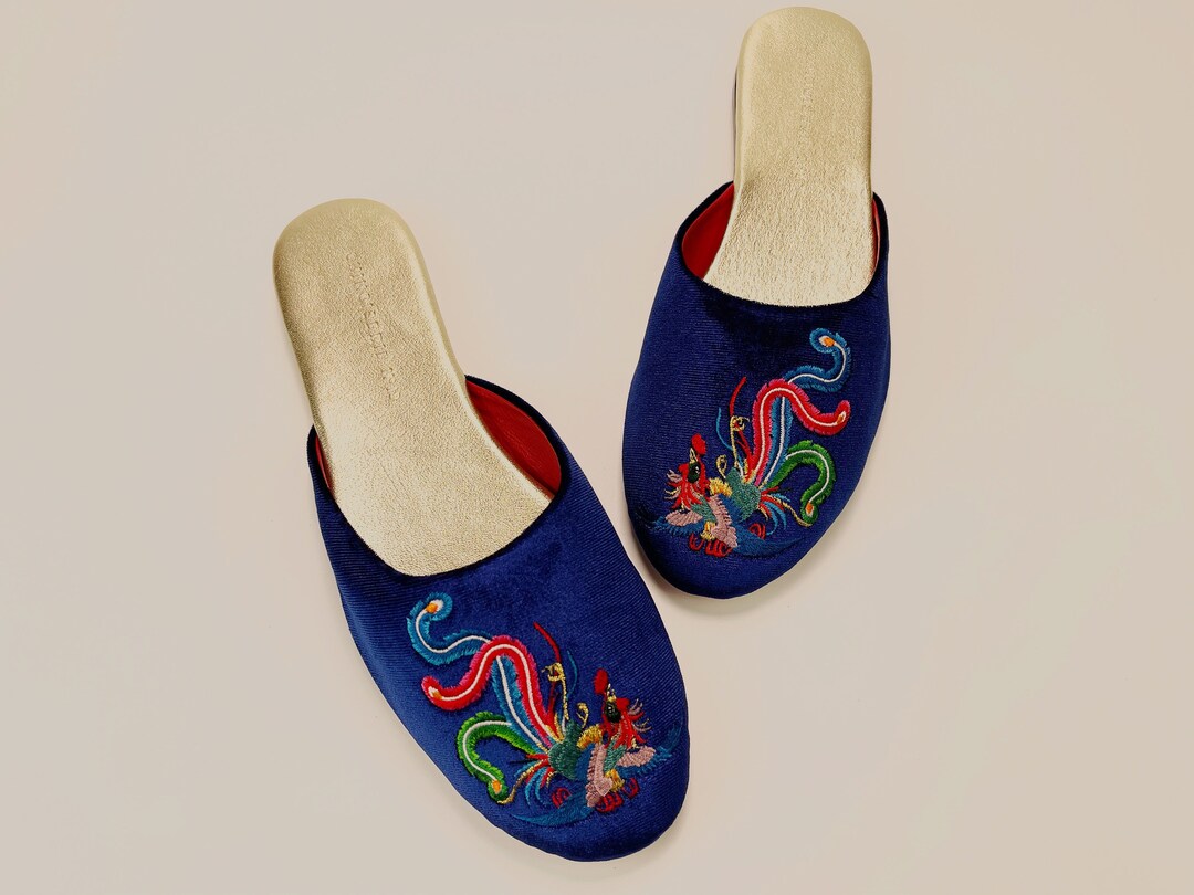 Embroidered Phoenix Velvet Mules in Royal Blue - Women's Luxury Leather ...
