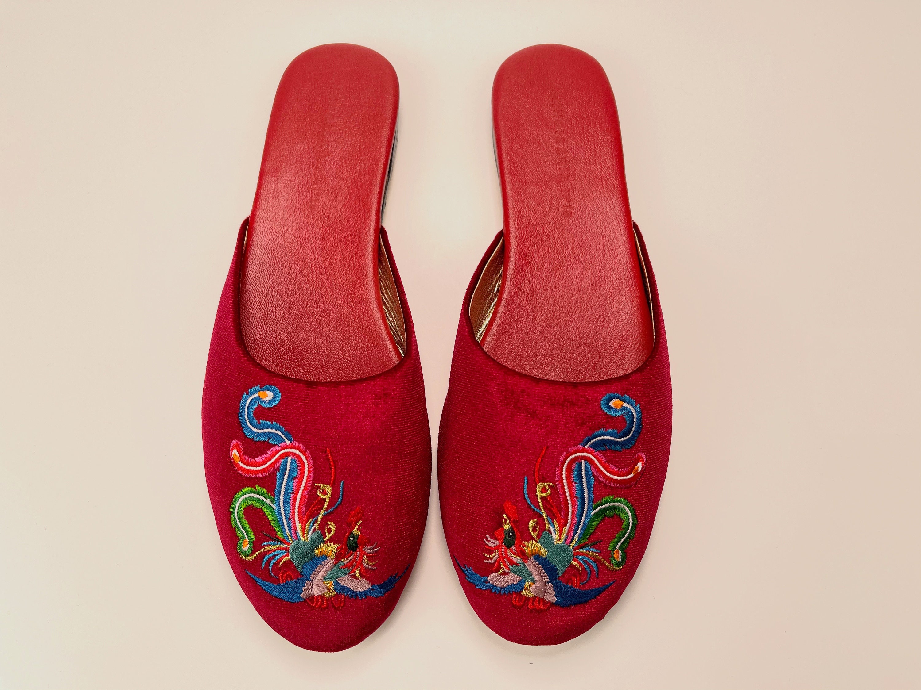 Embroidered Phoenix Velvet Mules in Red Wine - Women's Luxury Slippers ...