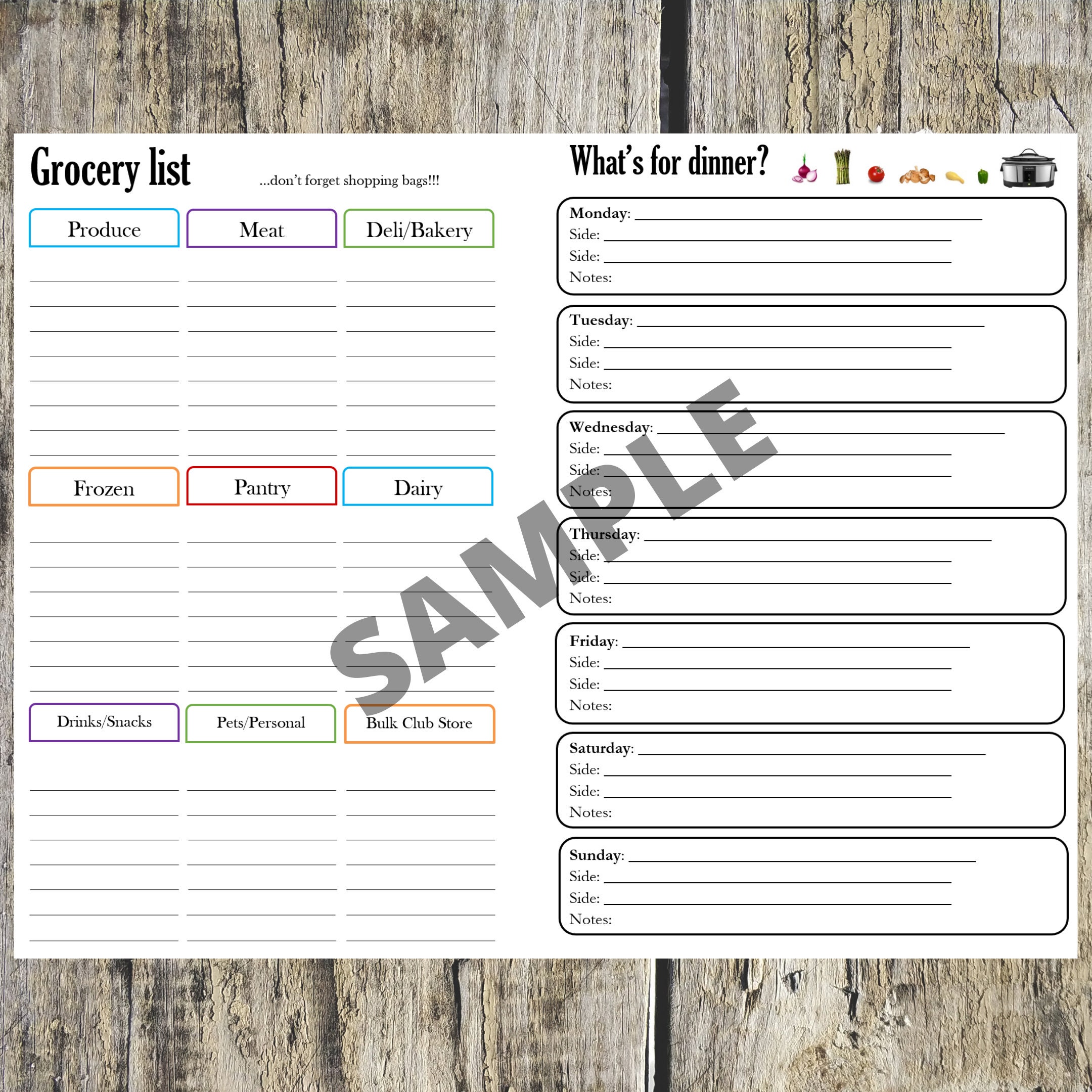 Grocery Shopping List Organize Template Digital File Dinner Menu ...