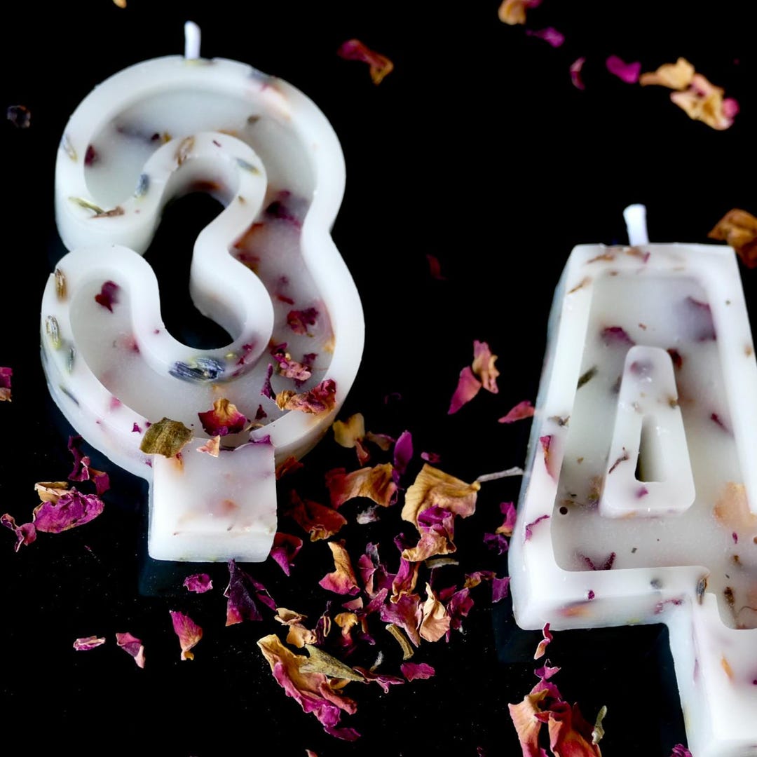 White Beeswax Number Candles With Dried Rose Petals & Lavender Flowers ...