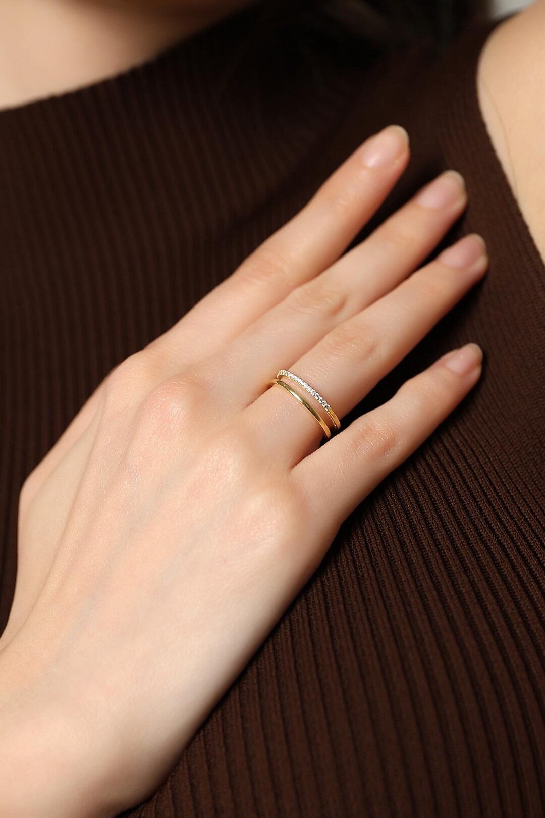 Modern Gold Dual Band Ring , Elegant CZ Double Band Ring , Chic ...