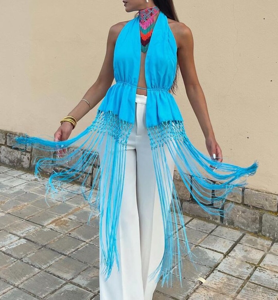 Blue Fringe Top With Open Back, Zara Top, Summer Top - Etsy