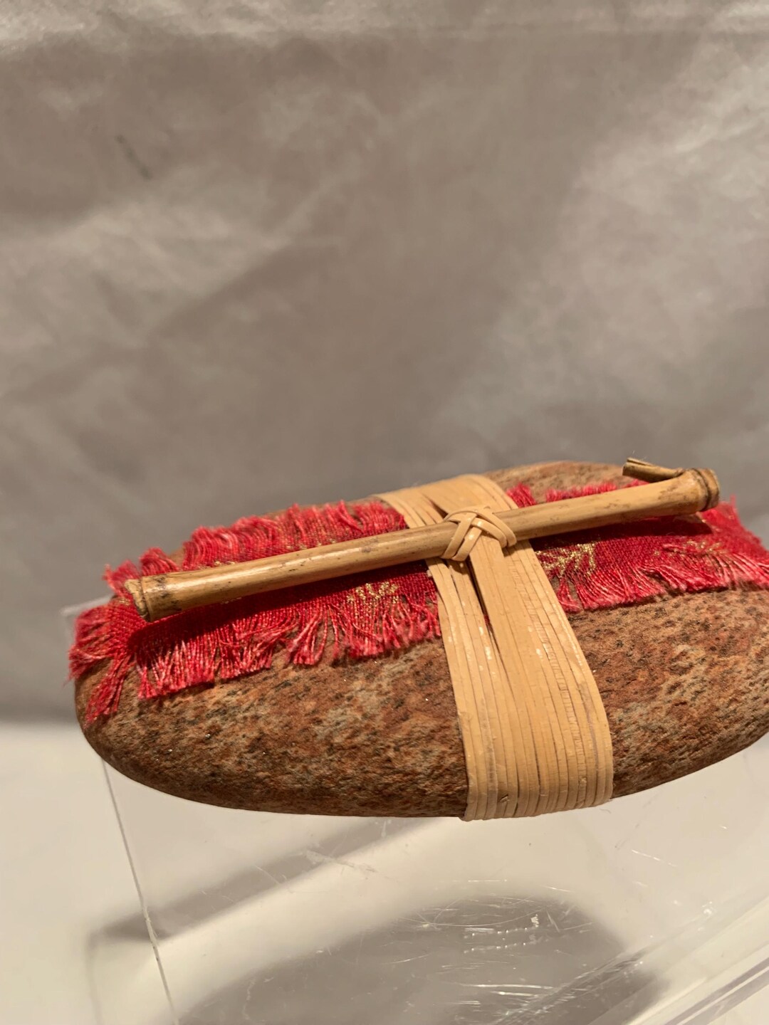 Rust Speckled Stone Wrapped in Chair Cane With Braided Design and Red ...