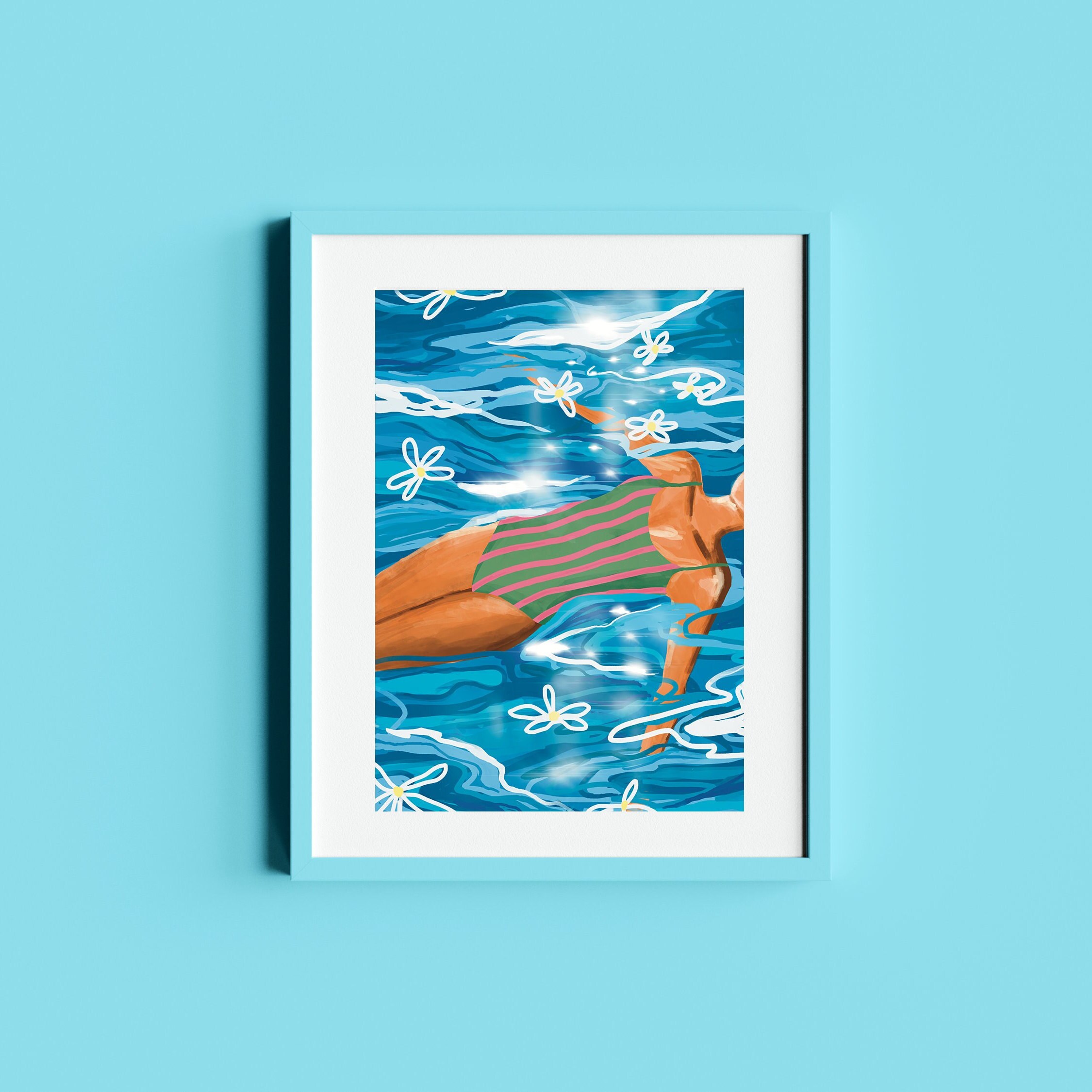 Girl Ocean Illustration - Art Print - A4, Open Water Swim Art, Sea Art ...
