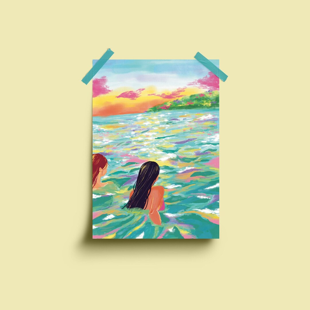 Summer Love Story Ocean Illustration - Art Print - A4, Sea Swim Art ...