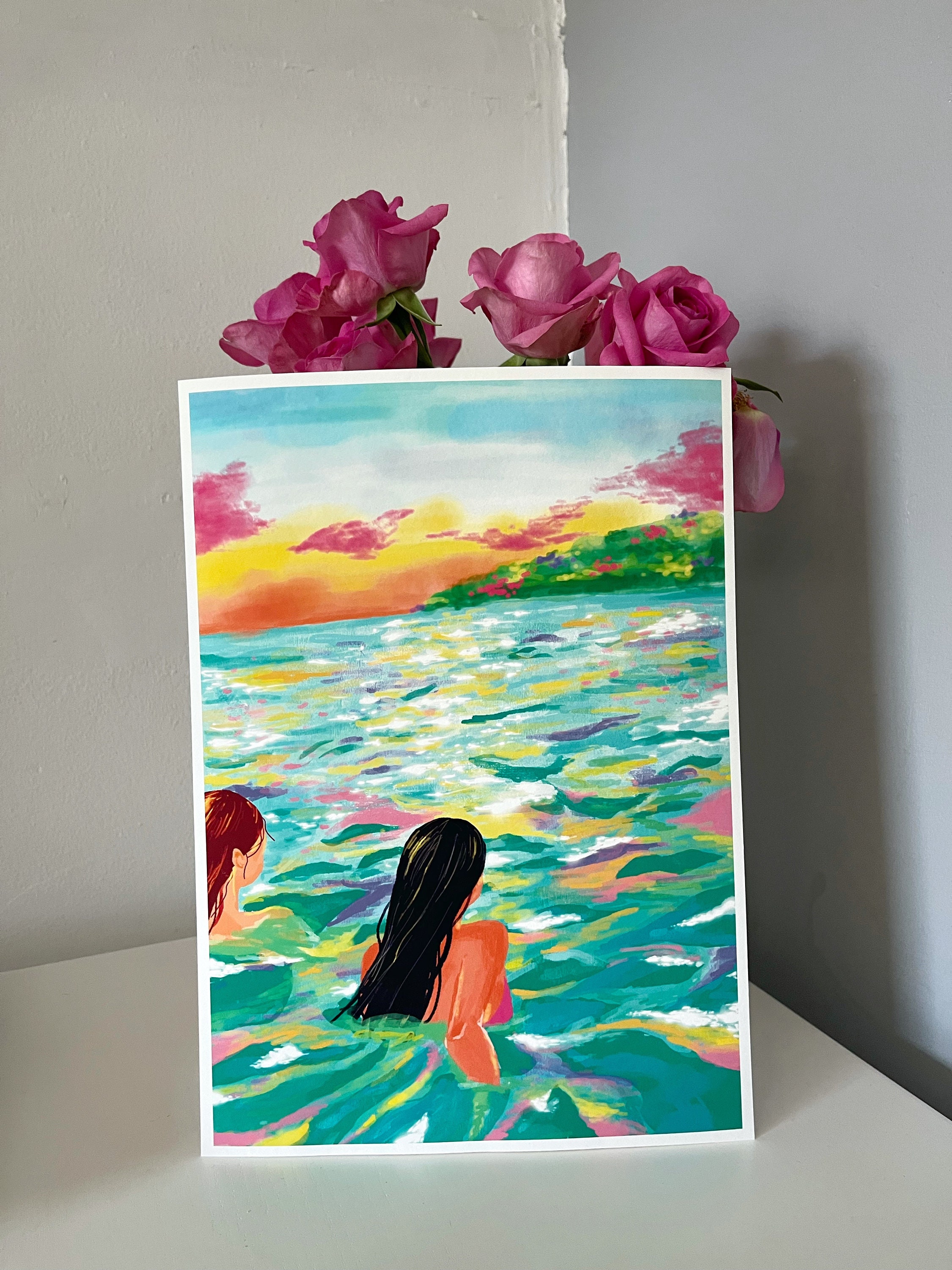 Summer Love Story Ocean Illustration - Art Print - A4, Sea Swim Art ...