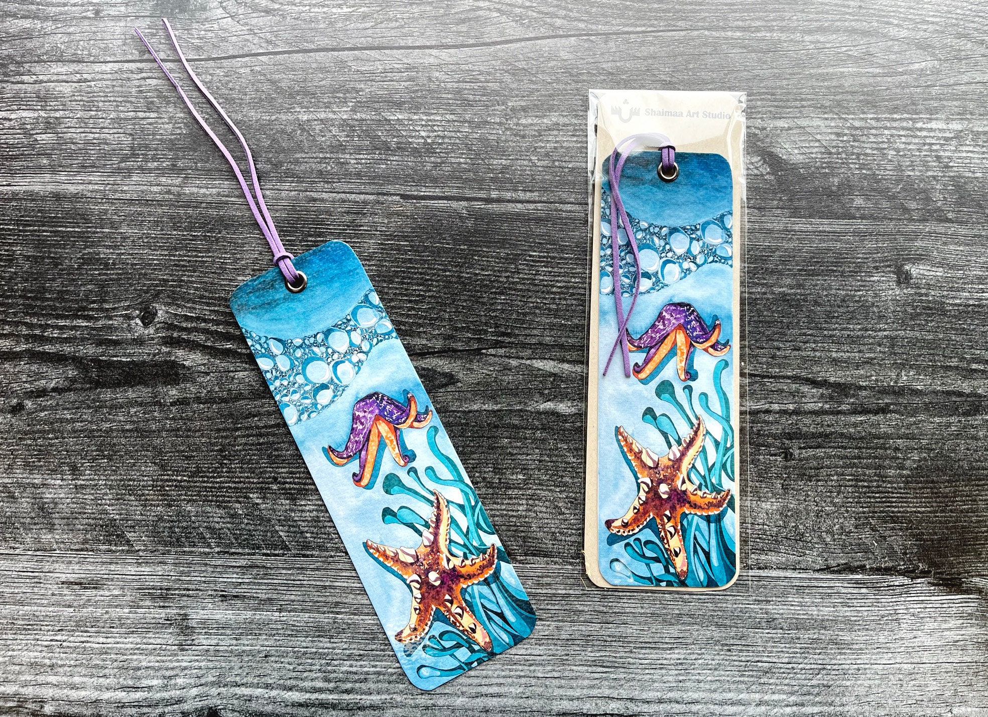 Watercolor Print Bookmark of a Starfish, Faux Suede Leather Cord ...