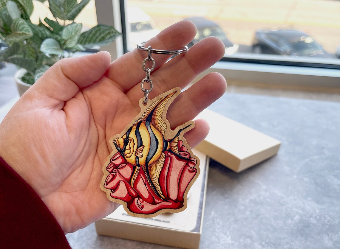 Wood Keychain, Artwork Printed, Angelfish, for New Home Car, Gift for ...