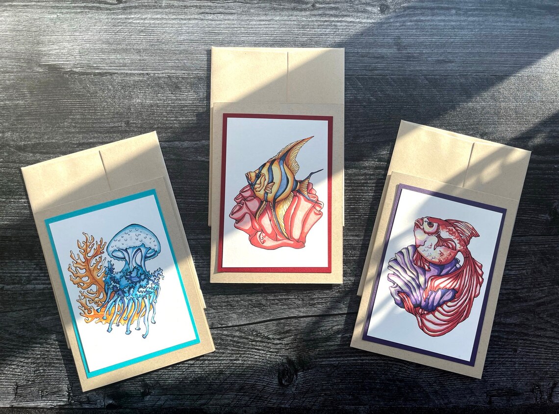 Sea Life Greeting Cards Set of 3, Beach Lover Birthday Cards for Her ...