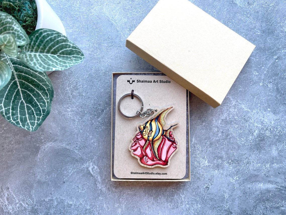 Wood Keychain, Artwork Printed, Angelfish, for New Home Car, Gift for ...