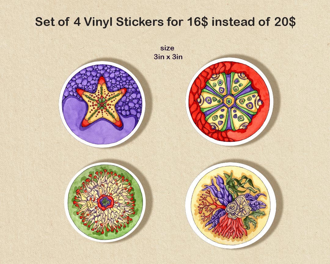 Sea Life Art Vinyl Sticker Pack Set of 4, Waterproof Sticker, for ...