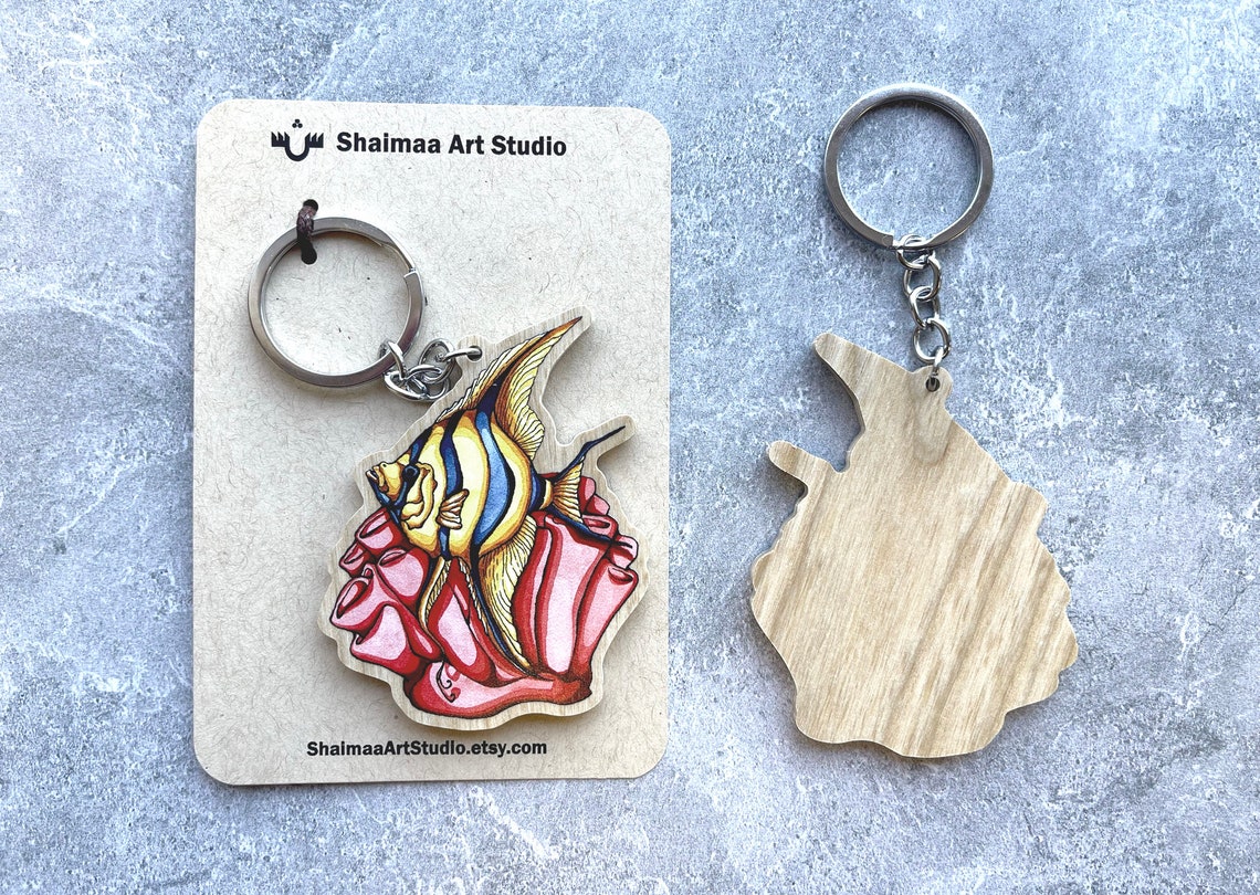 Wood Keychain, Artwork Printed, Angelfish, for New Home Car, Gift for ...