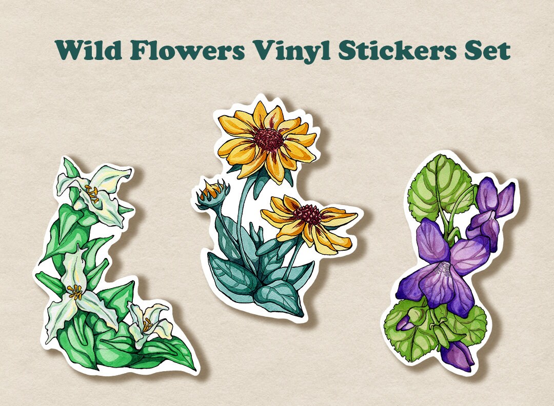 Wild Flowers Vinyl Stickers Set of 5, Cottage Core Stickers for Laptop ...