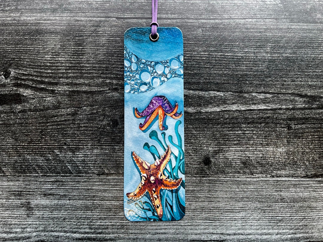 Watercolor Print Bookmark of a Starfish, Faux Suede Leather Cord ...