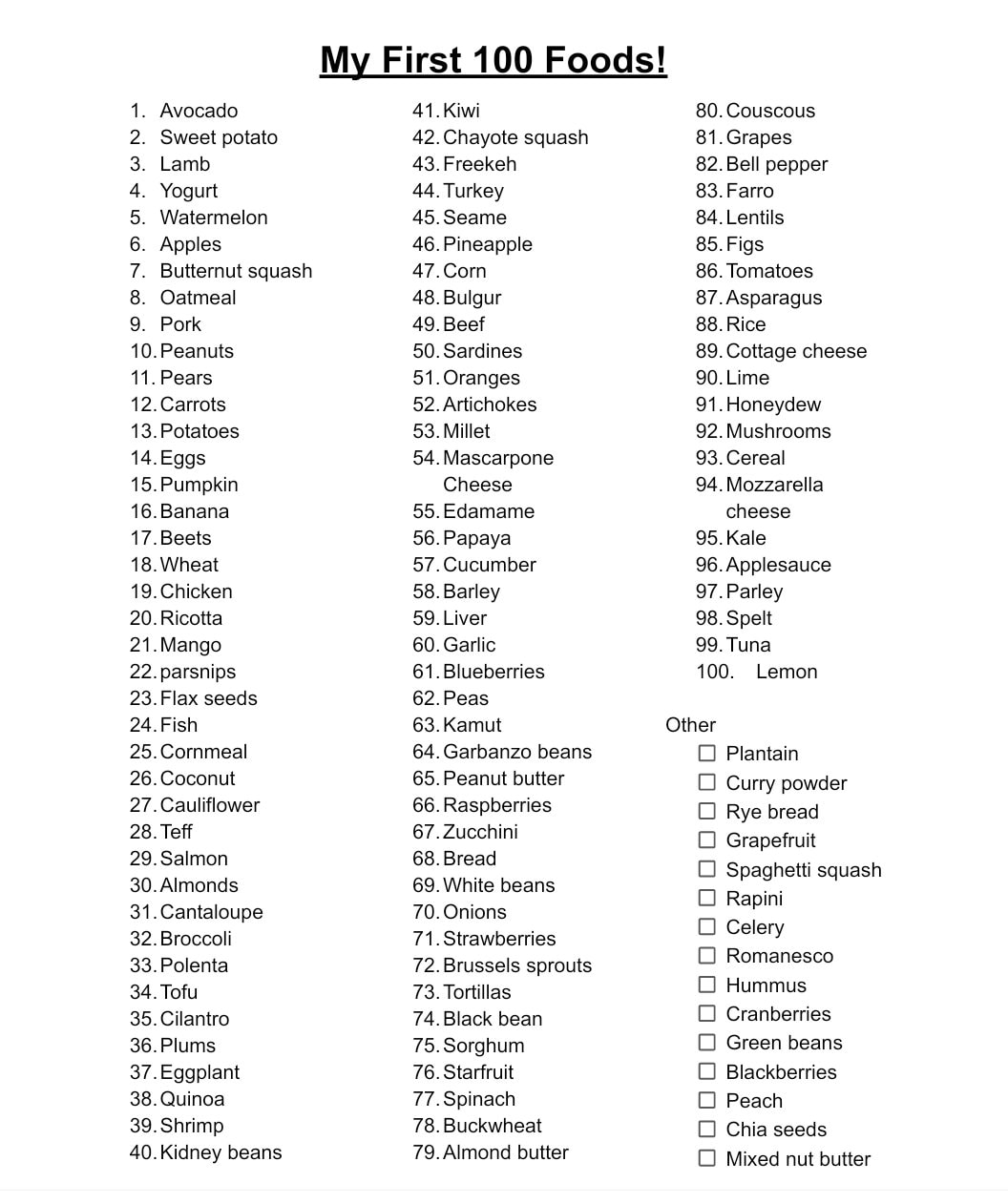 Printable List of Baby's First 100 Foods - Milestone Food Cards ...