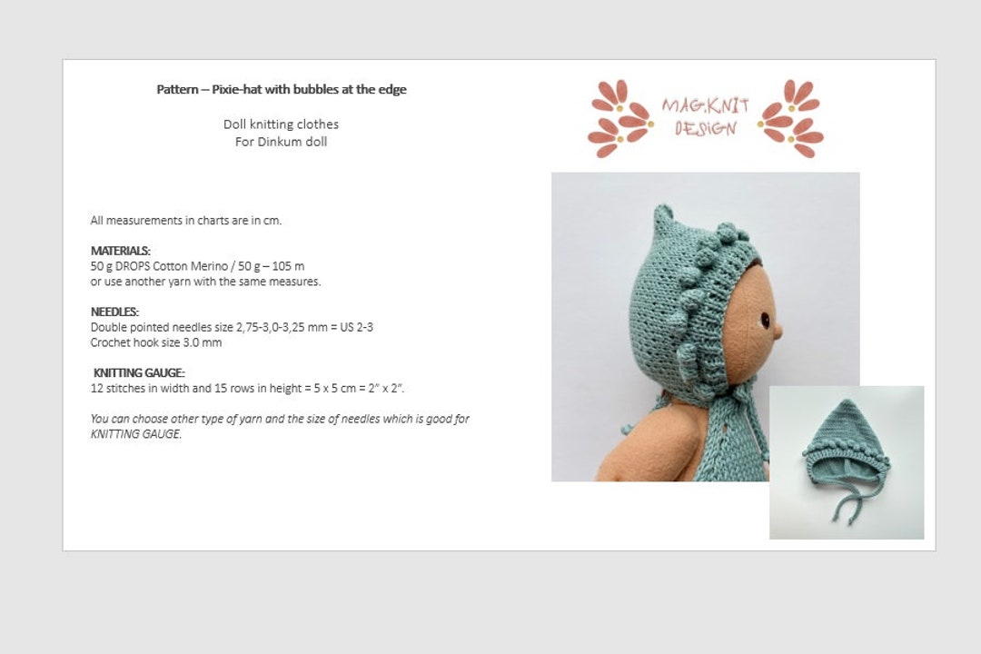 DINKUM Doll, PATTERN to Knit the Pixie Bonnet With the Bubbles at the ...