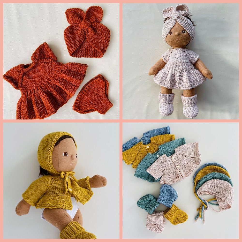 DINKUM Doll, Set of 6 Knitting PATTERNS: Wave Jacket, Panties, Socks, Head Band, Dress, Bonnet ...