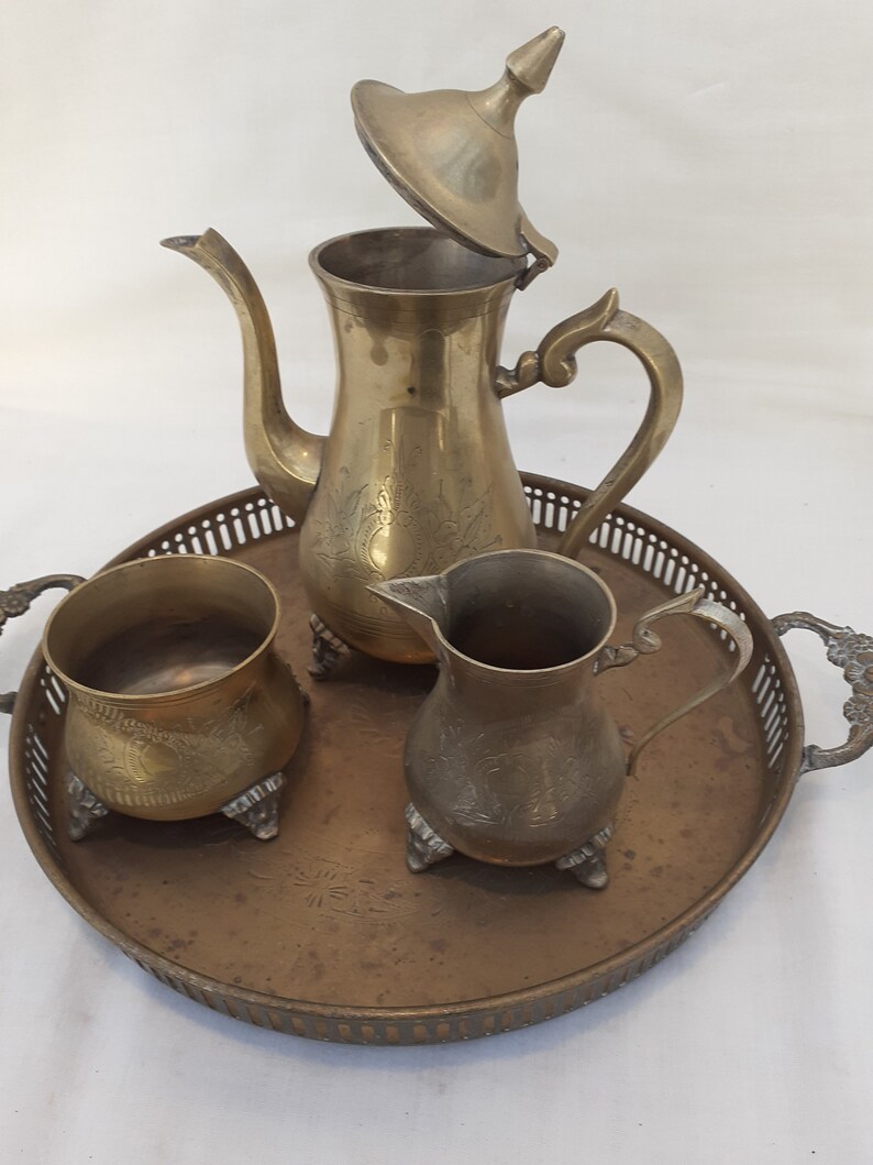Decorative Vintage Solid Copper Tea Set - Teapot, Creamer, Sugar, Tray ...