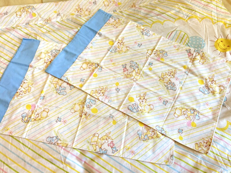 Vintage 70s Rabbit Rainbow Pastel Colour Print Twin Bed Fitted Sheet 2 ...
