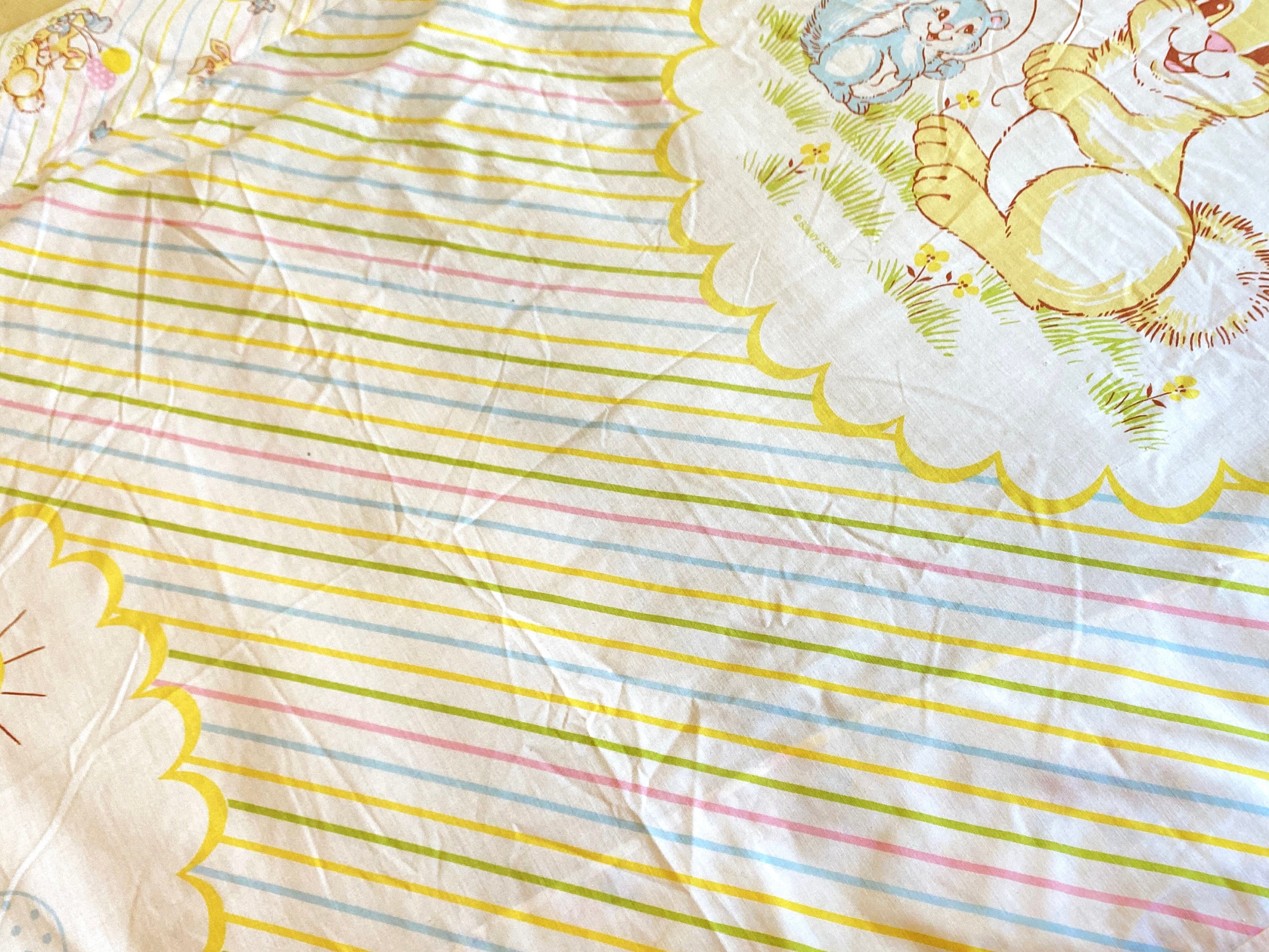 Vintage 70s Rabbit Rainbow Pastel Colour Print Twin Bed Fitted Sheet 2 ...
