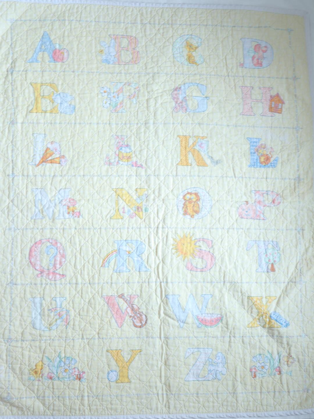 Vintage 80s ABC Alphabet Baby Crib Size Yellow Quilt Blanket Comforter ...
