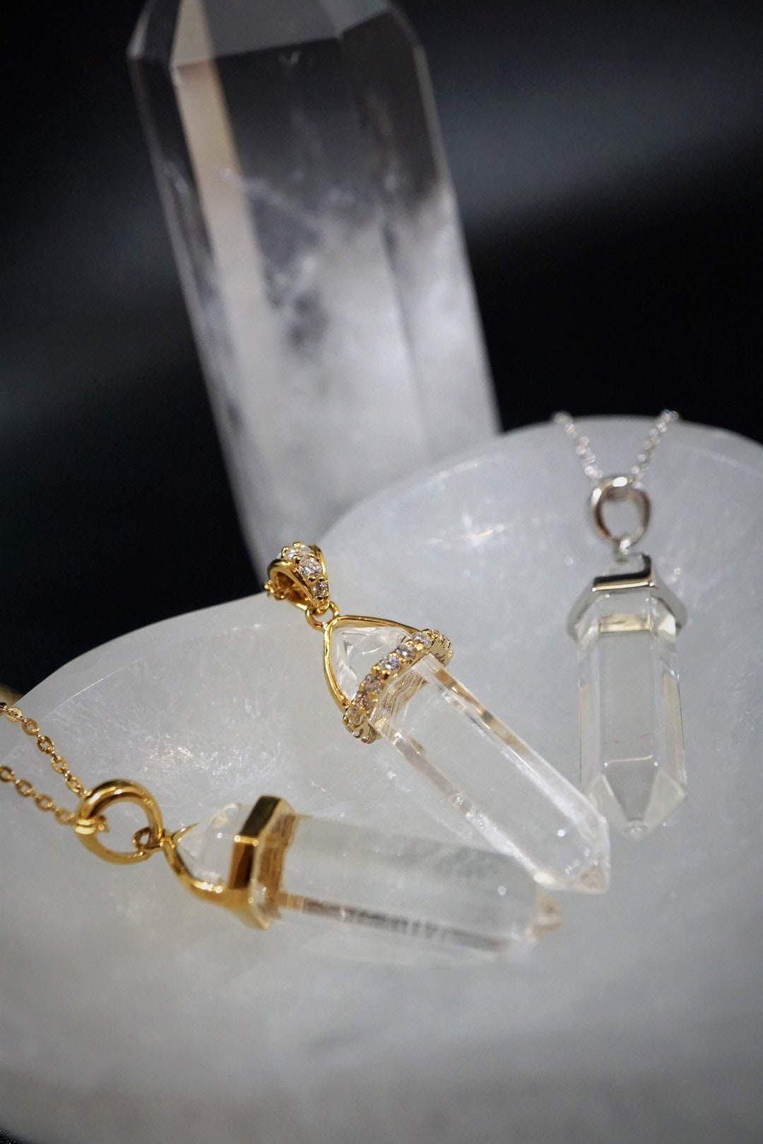 Crystal Quartz Pendant Necklace 14k Solid Gold Quartz Necklace Rose ...