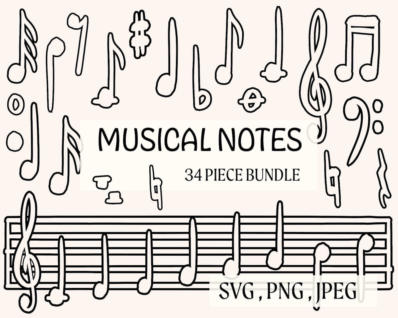 Music Notes SVG Bundle 34 Musical Note Svgs, Music Teacher Svg, Hand ...