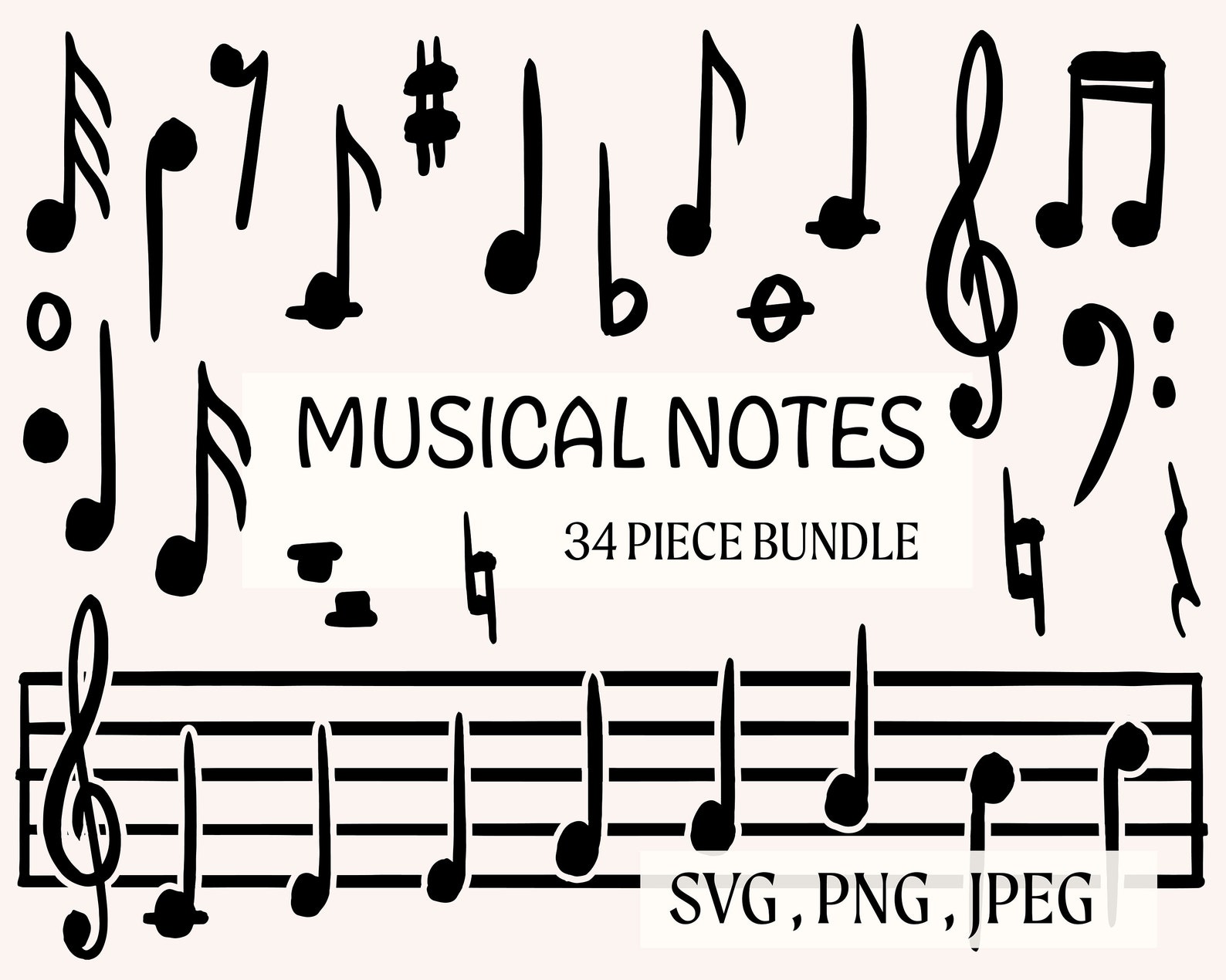 Music Notes SVG Bundle 34 Musical Note Svgs, Music Teacher Svg, Hand ...